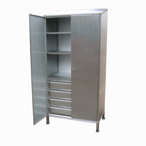 Rustfri skab med 2 låger, 2 hylder og 4 indvendige skuffer, Model CTSI
